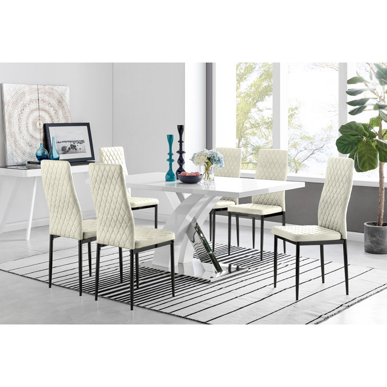Furniture Box Marietta Chrome Metal and White High Gloss Dining Table Set - 6 Luxury Velvet ...